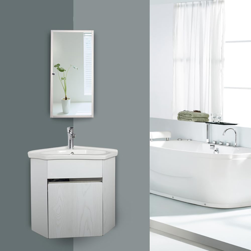 11.81" x23.6"x8.2" Bathroom Corner Medicine Cabinet W/Mirror Bright Stainless Steel Wall Mounted Mirror Cabinet Hanging Triple Shelf Storage Cabinet Cupboard (Right Door)