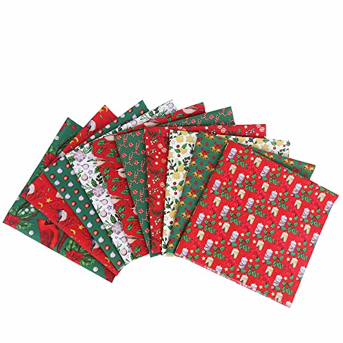 10PCS Christmas Cotton Fabric Bundles 20" x 20" Printed Fat Quarter Fabric Pre-Cut Squares Sheets Fabric for Patchwork Sewing DIY Crafting Quilting Fabric