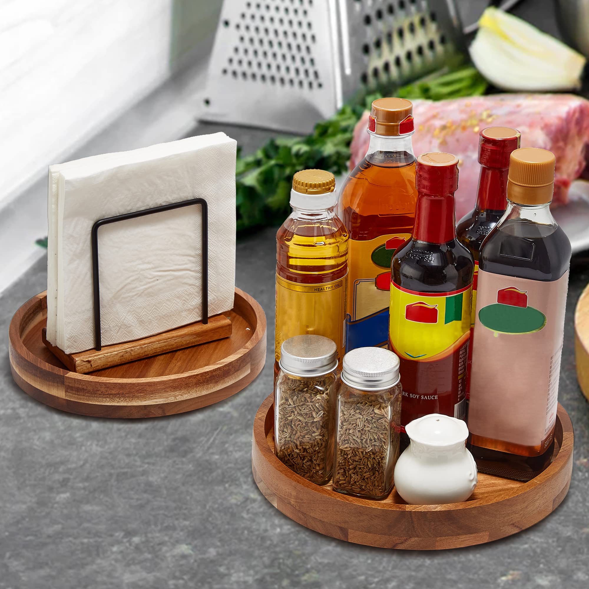 11" Acacia Wood Lazy Susan Organizer for Cabinet , Lazy Susan Turntable for Countertop Table Pantry, Kitchen Turntable Storege Container
