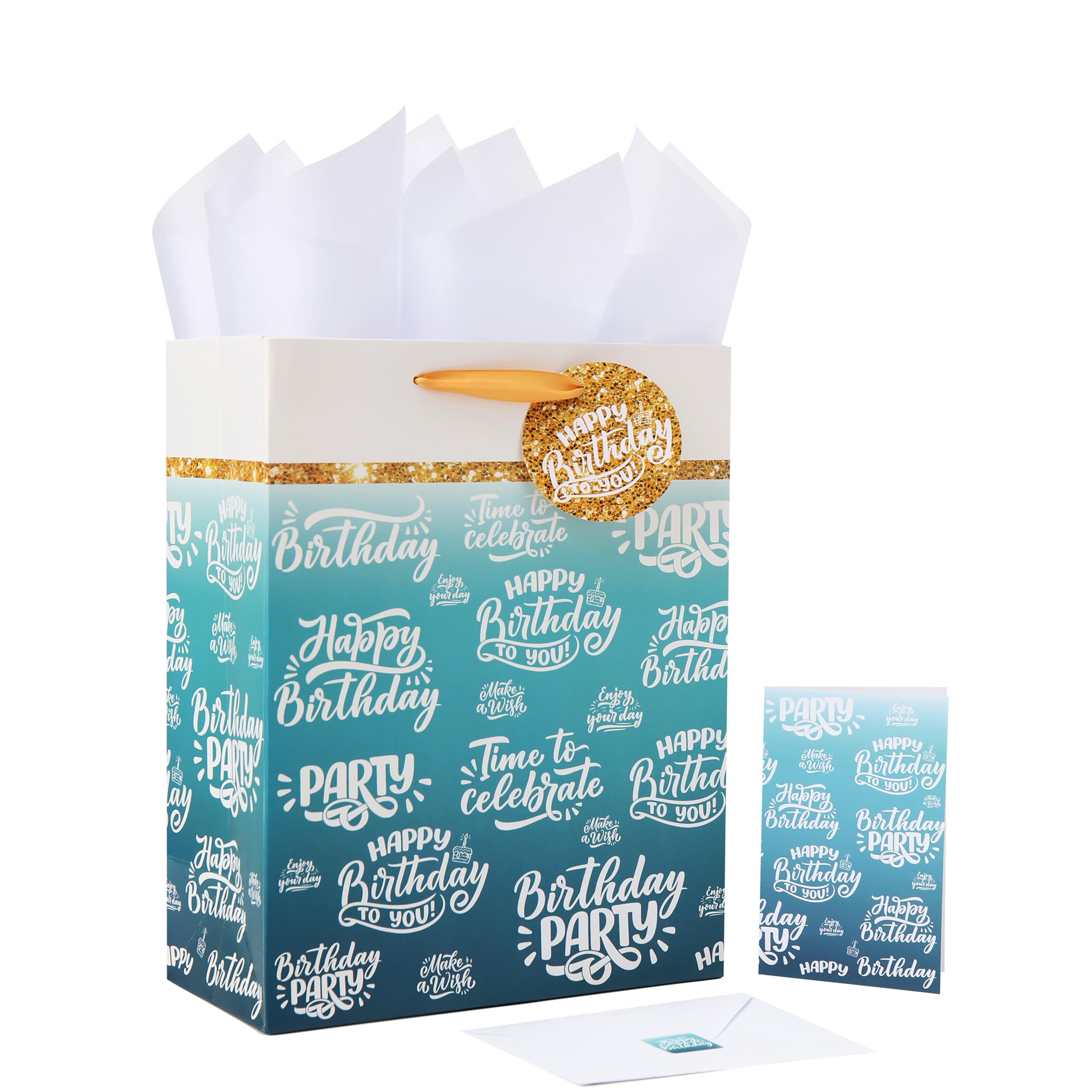 13" Large Green Gift Bag for Men's or Women's Birthday Party, Boys', Girls', or Kids' Party, Baby Showers, Baby Boys or Girls