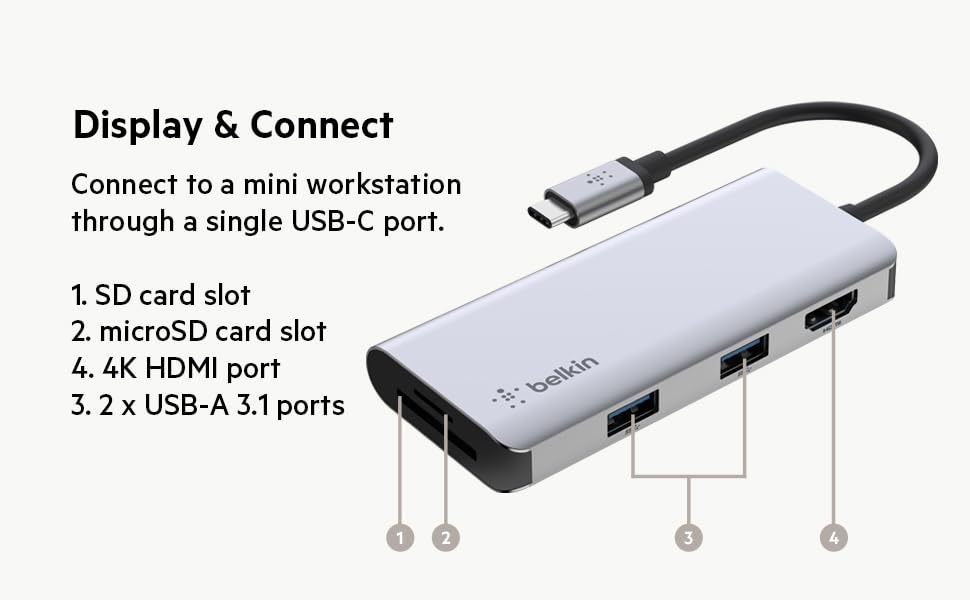 Belkin AVC007btSGY 5 in 1 USB-C Hub, 4K HDMI, 2 x USB3.0, SD/microSD Compatible with iPad/iPad Pro/iPad Mini/iPad Air/MacBook/MacBook Air/Android Tablets and More