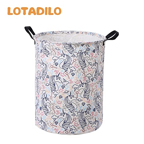 LOTADILO Laundry Basket Storage Baskets with Handle Nursery Hamper Collapsible Large Sized Round Bin for Bedroom, Kids Boys and Girls, Office, Clothes,Toys (Unicorn)