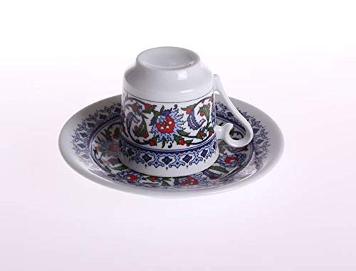 Amazing Turkish Arabic Coffee Espresso Cups 5 Pcs Fancy Set Famous Turkish Porcelain Cups with Saucers, Pot,Blue Velvet Authentic Box (Turkish Coffee Cup and Saucer (2 Sets) 4 Pieces)