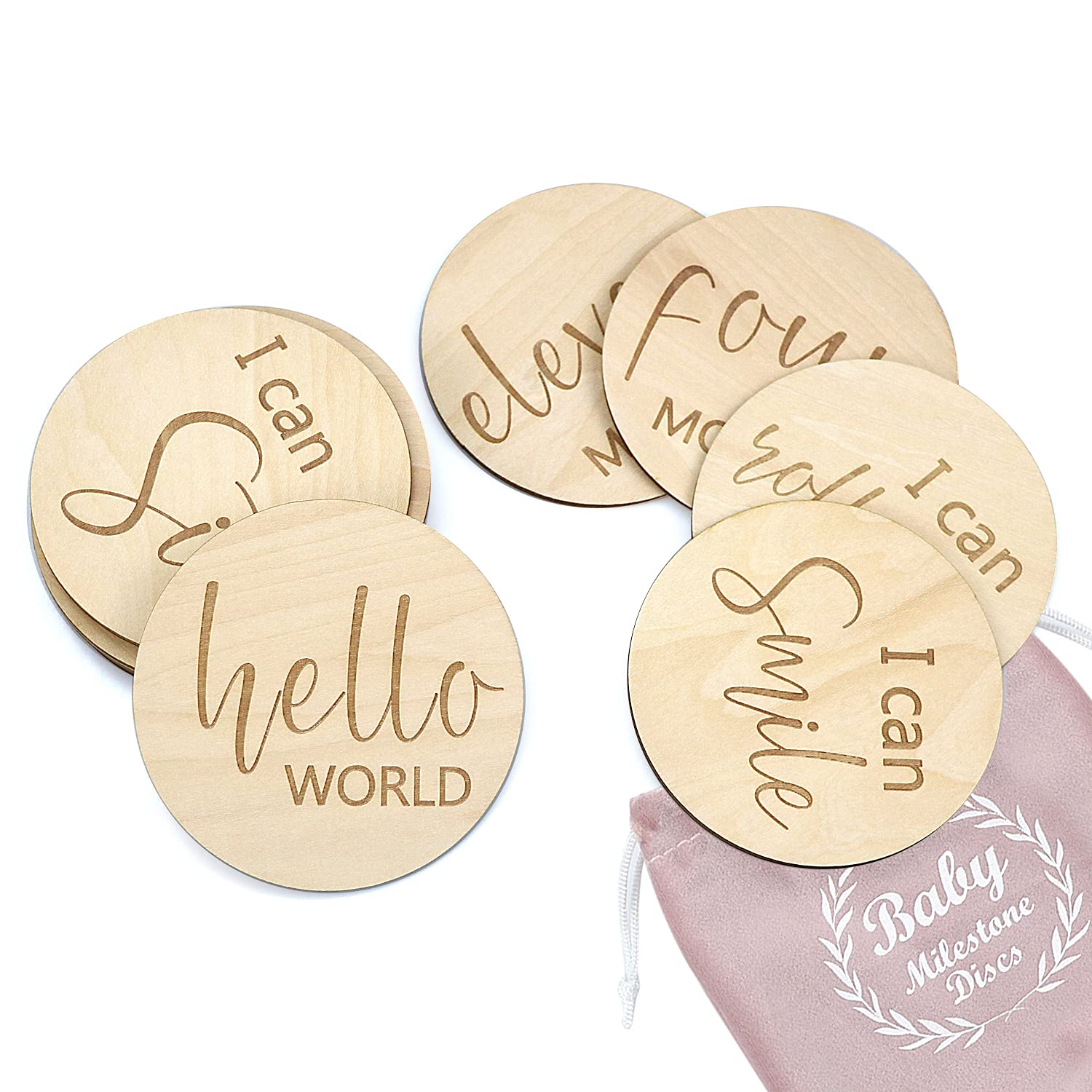 Baby Milestone Cards Wooden Monthly Cards and Infant First, Double Sided Engraved Photo Prop Discs,Gift Set for Baby Shower and Newborn,Come with Velvet Gift Bag (Round style2)