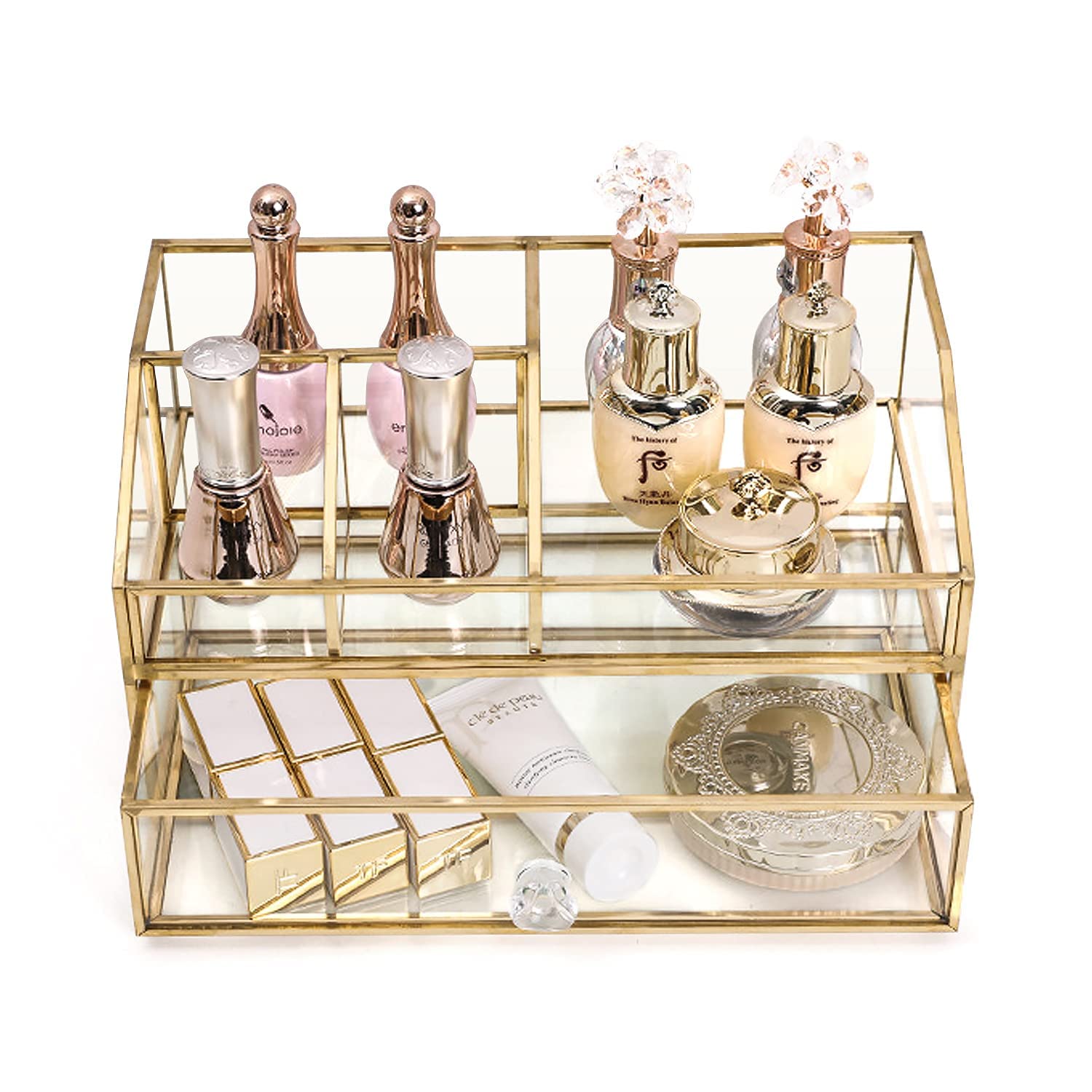 bofeiull Glass Makeup Brush Holder, Makeup Brush Organizer Jewelry Display Box, Nordic Style Elegant Glass Makeup Organizer Nail Polish Lipsticks Eyeliners Holder for Vanity Bathroom Bedroom Office