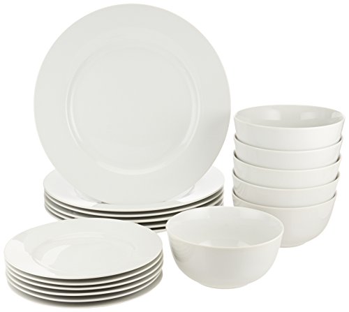 Amazon Basics 18-Piece Kitchen Dinnerware Set, Plates, Dishes, Bowls, Service for 6 - White & 20-Piece Stainless Steel Flatware Set with Square Edge, Service for 4