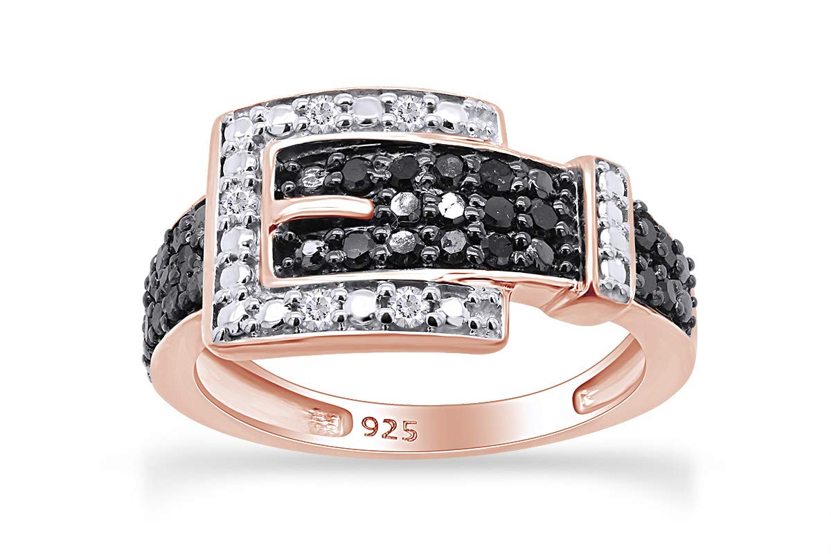 1/4 Carat Black & White Natural Diamond Anniversary Belt Buckle Ring In 14k Rose Gold Over Sterling Silver (0.25 Cttw) Ring Size-7.5