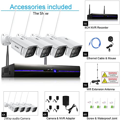 REIGY 3MP WiFi Security Camera System with Floodlight Without Hard Drive, 2K Outdoor Home Surveillance Set 8CH 5MP NVR + 4X 1296P IP Cam, 2-Way Audio Remote View Color Night Vision Motion Detection