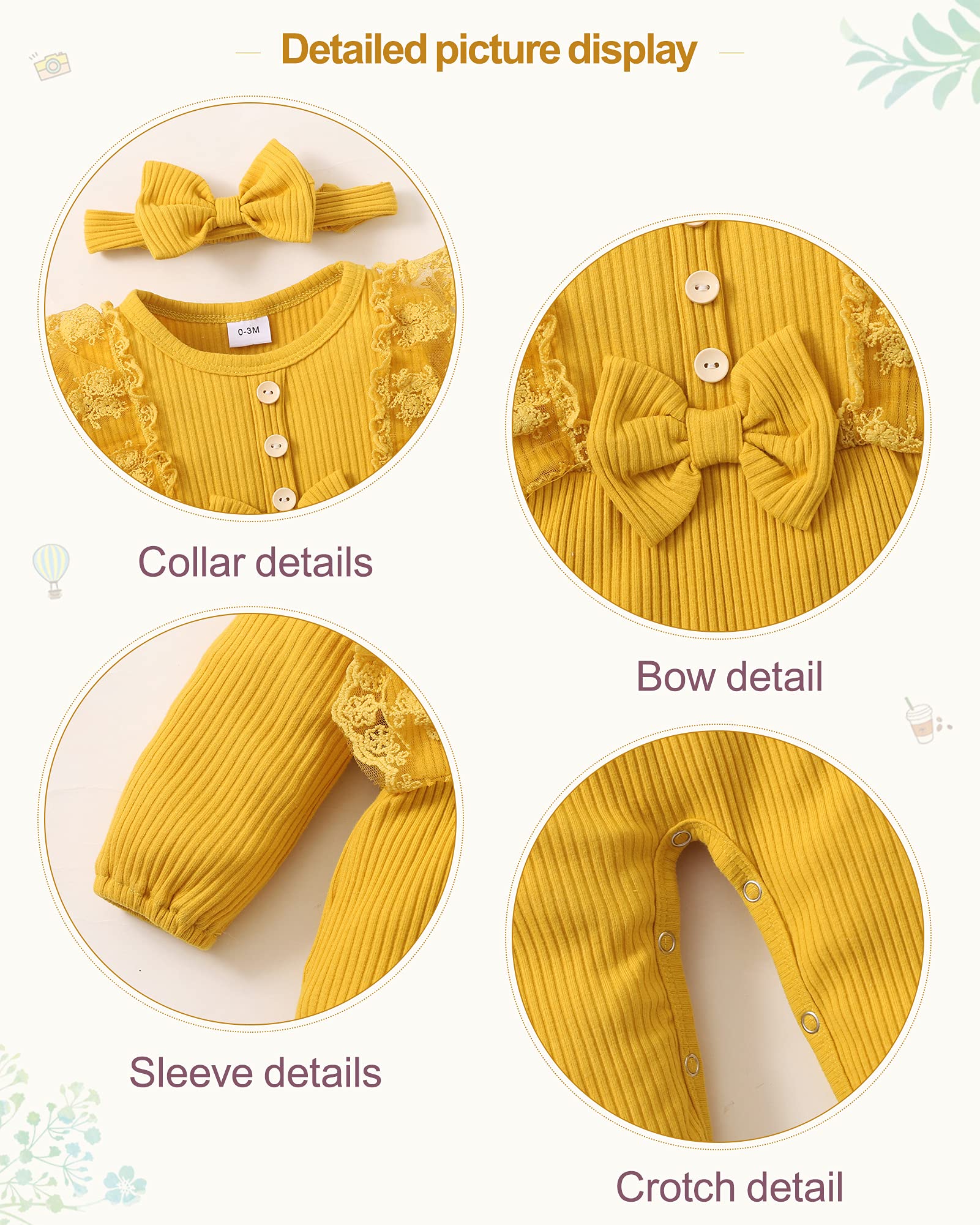 SOLOYEE 0-3 Months Baby Girl Clothes Cute Long Sleeve One Piece Infant Romper with Headband