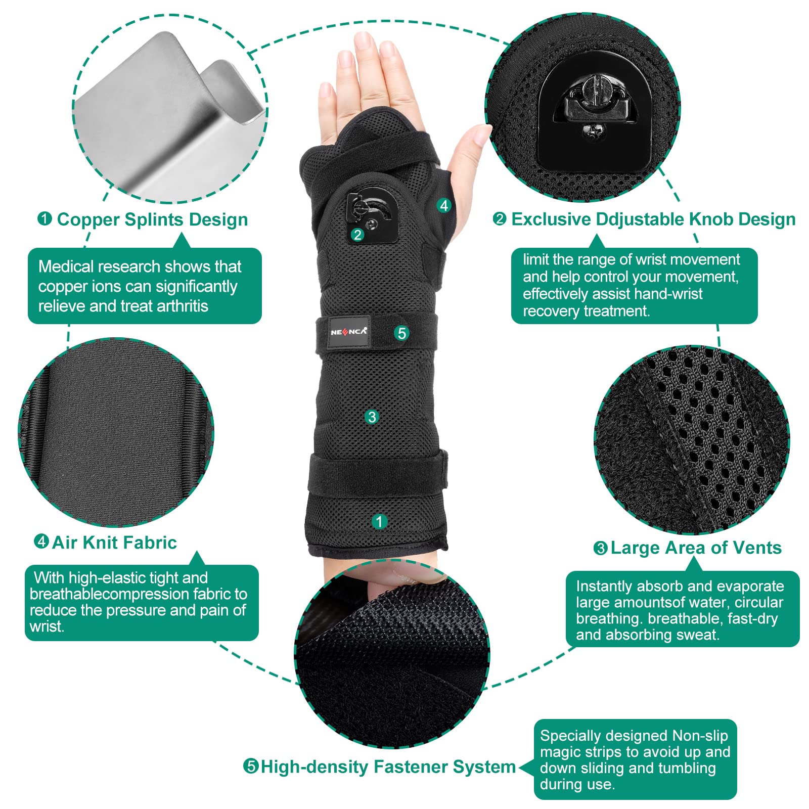 NEENCA Wrist Support Brace, Night Sleep Hand Support Brace with Splints and Adjustment Knob, Palm Wrist Orthosis - Fits Both Hands -Help With Carpal Tunnel, Relieve and Treat Wrist Pain or Injuries