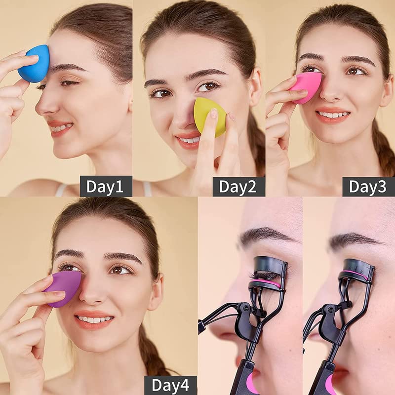 IYOCHO 1 pcs painless metal eyelash curler with 6 replaceable silicone pads, with 4 pcs makeup sponges beauty sponge blenders with 4 colors (1 eyelash curler+ 4 sponges+ 6 silicone pads)