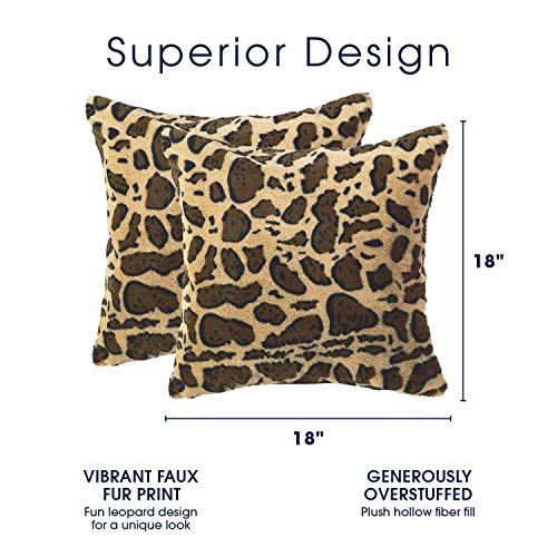 Cheer Collection Set of 2 Leopard Print Throw Pillows - Soft Velvety Faux Fur Decorative Couch Pillows, 18" x 18"