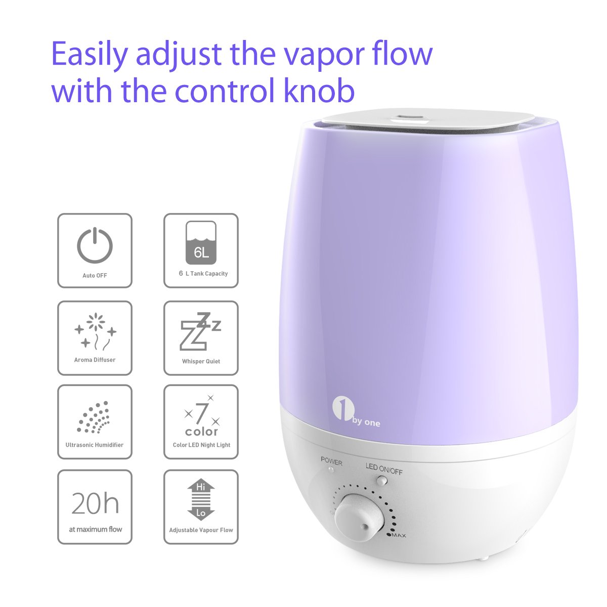 1byone Humidifiers for Bedroom 6L Cool Mist Air Ultrasonic for Plants Indoor with Essential Oils Diffuser for Baby Kids, with 7 Colour Night Light, Ultra Quiet & Easy to Clean, Auto Shut-off, Blue