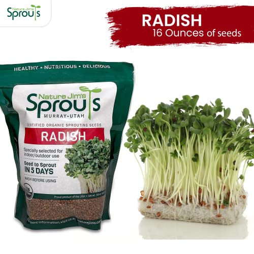 Nature Jims Radish Sprout Seeds β 16 Ounce Organic Sprouting Seeds β Non-GMO Premium Radish Seeds β Resealable Bag for Longer Freshness β Rich in Vitamins, Minerals, Fiber