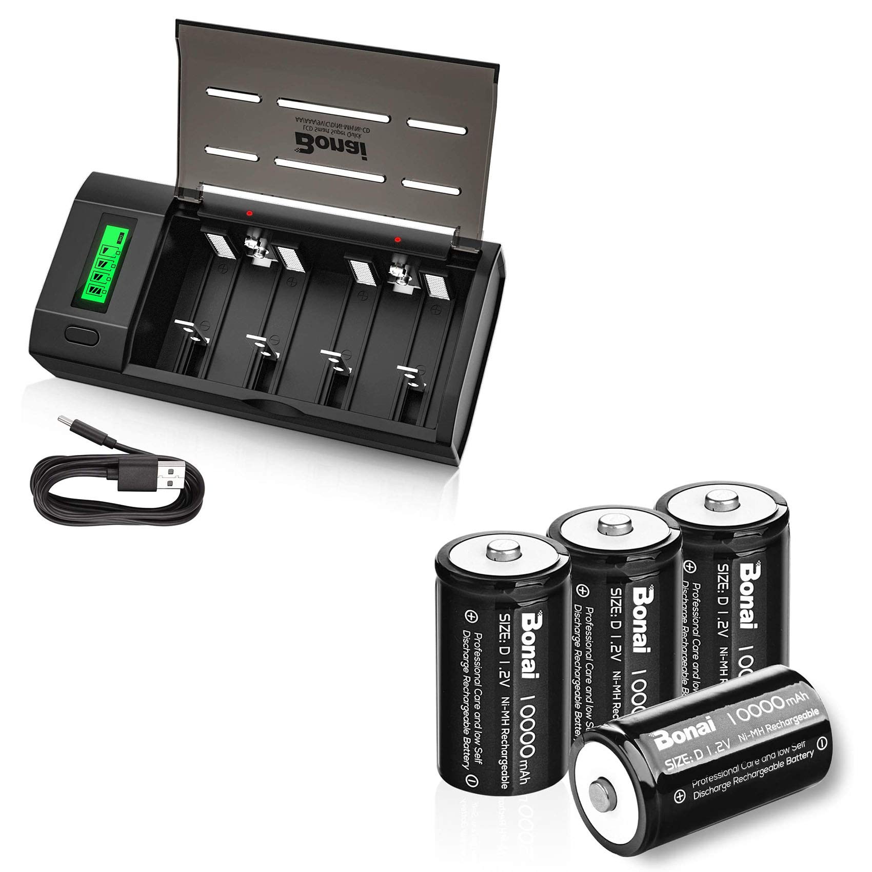 BONAI LCD Universal Battery Charger for AA, AAA, C, D, 9V Ni-MH Ni-CD Rechargeable Batteries with Rechargeable D Cells 10,000mAh 1.2V Ni-MH High Capacity High Rate D Size Battery (4-Counts)