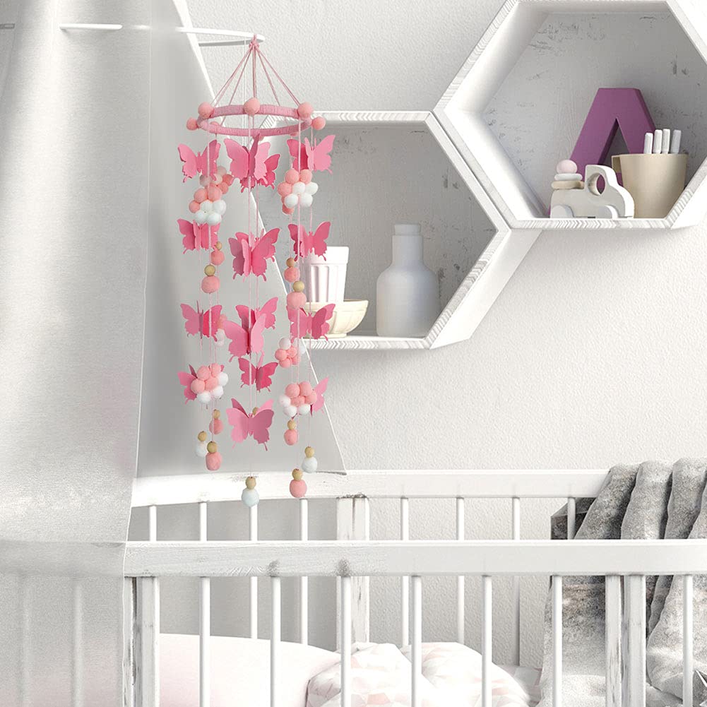 Baby Crib Mobile Cute Butterfly Felt Ball Mobile Ceiling Mobile Hanging Decoration for Baby Nursery Room Decor Baby Shower (Pink)