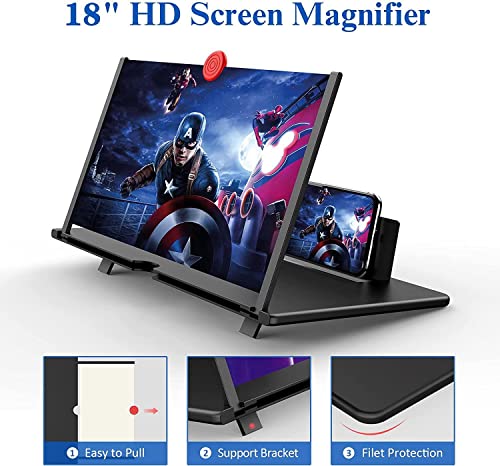 18" Screen Magnifier for Cell Phone – 3D HD Magnifing Screen Enlarger Projector for Movies Videos and Gaming – Foldable Phone Stand Holder with Screen Amplifier–Supports All Smartphones (Black-18inch)