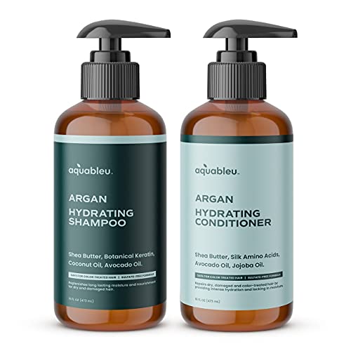 Aquableu Argan Shampoo and Conditioner Set โ Ultra Moisturizing, Restorative and Strengthening โ Great for Dry, Damaged & Curly Hair - Natural Argan & Jojoba Oil - Sulfate & Paraben Free โ 16oz