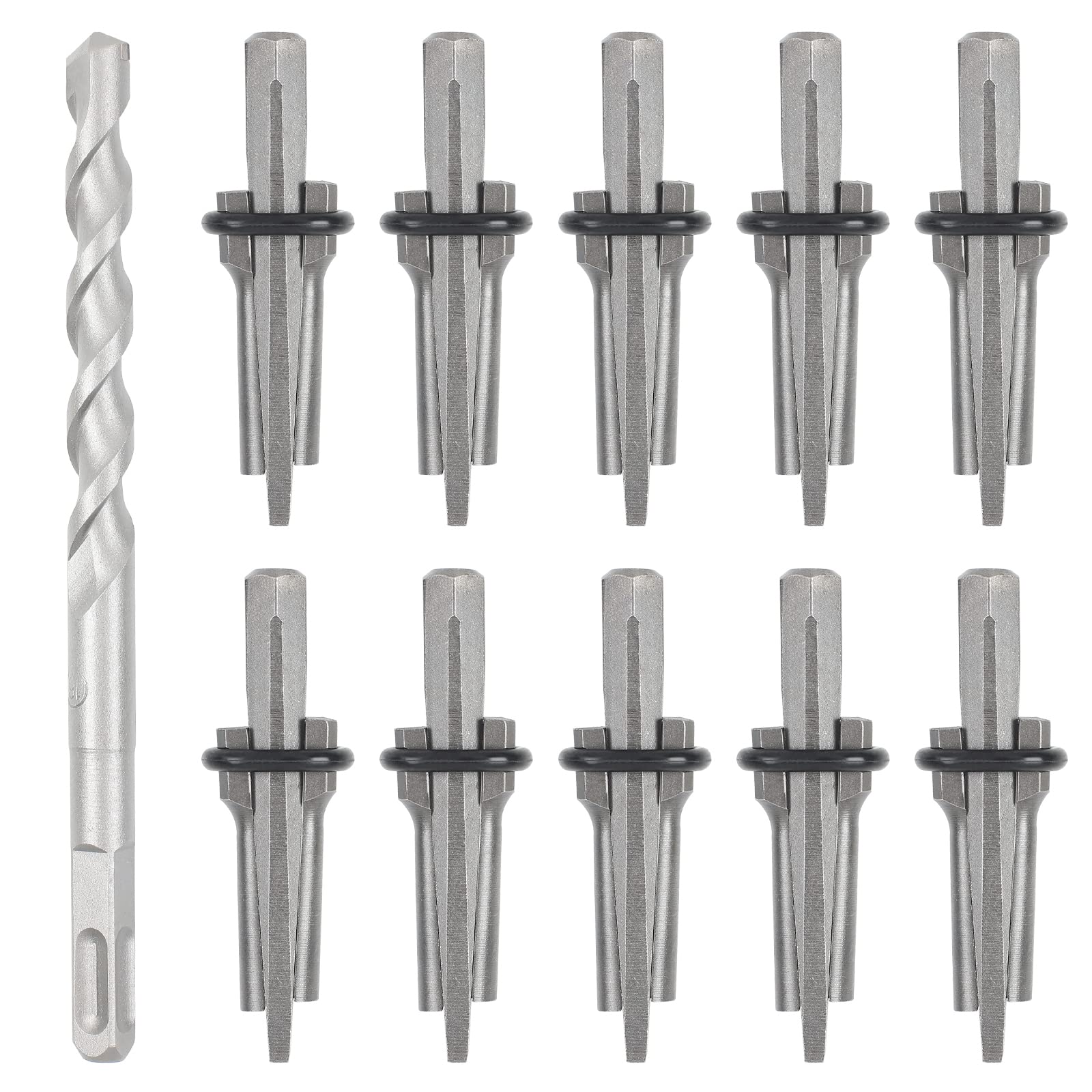 10Pcs 5/8'' Stone Splitter Hand Tools with Wedge, Feather Shim and a 8" Rotary Drill Bit for Concrete, Marble, Granite, Rock