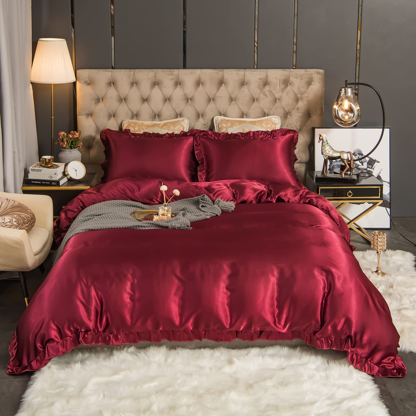 3 Pieces Satin Duvet Cover Silky Red Bedding Set Luxury Satin Lace Ruffled Fringed Super Smooth Soft Silk Like Microfiber Burgundy Red Duvet Cover Set Queen with 2 Pillowcases