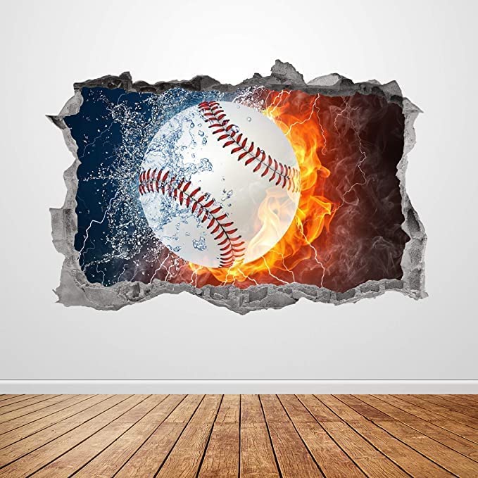 Baseball Wall Decal Art Smashed 3D Graphic Sports Wall Sticker Mural Poster Kids Room Decor Gift UP319 (36"W x 24"H inches)