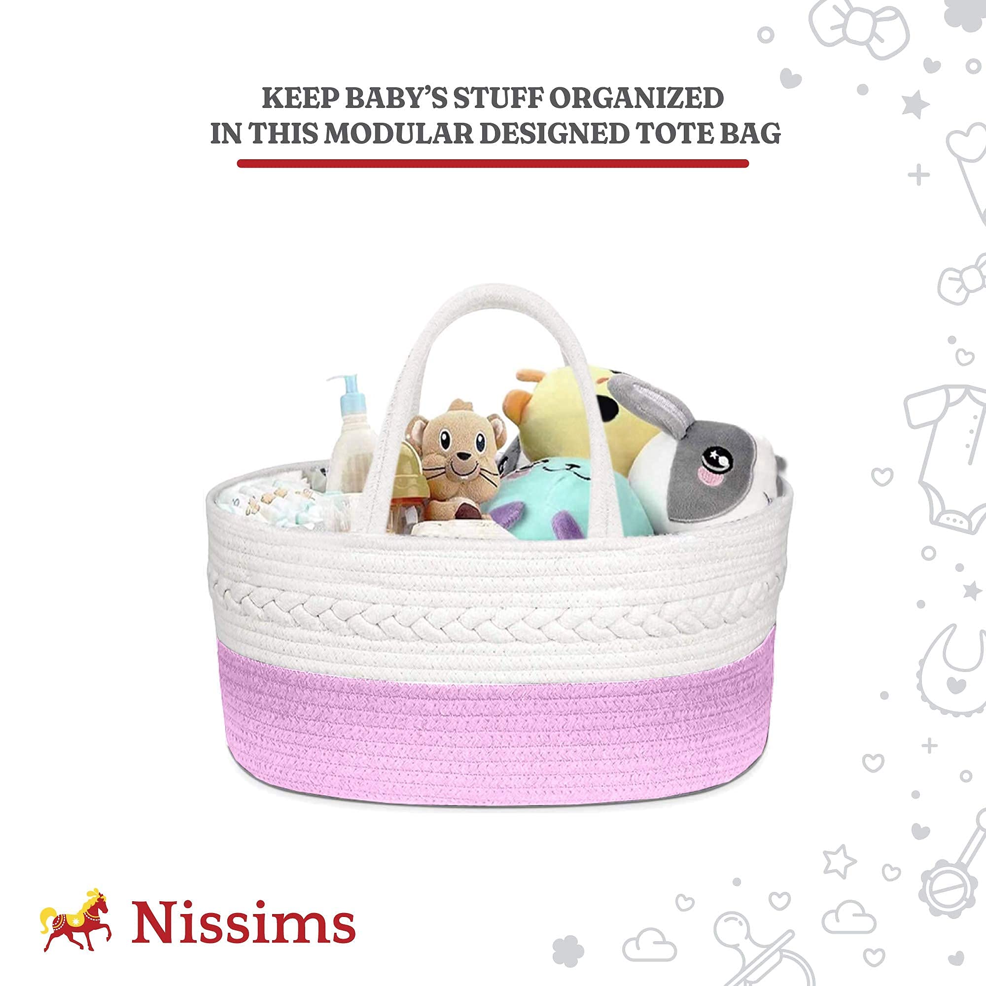 Baby Diaper Caddy Organizer Basket for Changing Table - Large Compact and Portable Woven Cotton Rope and Canvas Nursery Basket with 3 Divisions - Unisex Stylish GrayWhite - 14x8.5x7 Inches