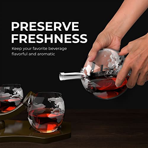 Chef's Star Whiskey Decanter Set for Men- Etched Globe Decanter Set with 2 Etched Globe Glasses, for Whiskey, Bourbon, 2 Globe Etched Glasses and Whiskey Stones, Liquor Gift Set, 850ml (28 oz)
