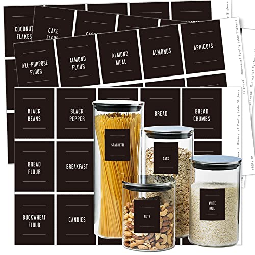 180 Preprinted Pantry Labels, Prefdo Waterproof Minimalist Food Label Stickers Set to Kitchen Organization Storage Containers, Jars & Canisters(Black)