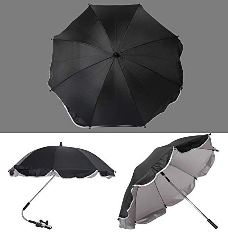 Baby Stroller Parasol, Clamp-On Shade Umbrella, with Umbrella Clip Fixing Device, 360 Degree Adjustable UV Protection, 79cm/31.1in Long, Suitable for Beach Chairs, Baby Strollers (Black)