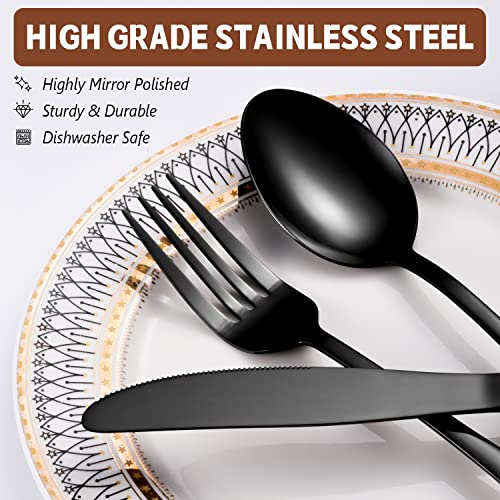 30 Piece Black Silverware Set, Stainless Steel Flatware Utensil Sets for 6, Black Cutlery Set Includes Forks Spoons Knives, Mirror Polished, Dishwasher Safe