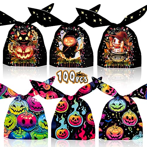 100 PCS Halloween Sweets Bags, Halloween Treat Candy Bags for Trick or Treat Party, Biscuit Goody Bags 14 * 23cm, Party Bag Pouches Fillers for Halloween Party Favor, Small Party Supplies
