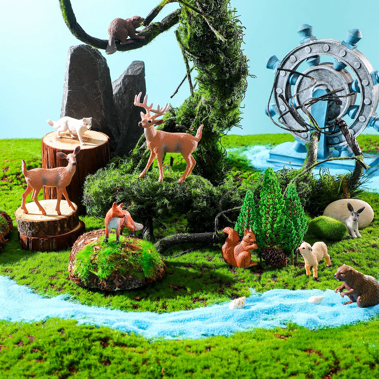 18 Pcs Forest Animals Figurines Woodland Animals Model Trees Kit Miniature Plastic Animals Realistic Wild Forest Animals for Cake Toppers Birthday Party Favor(Forest Animals)