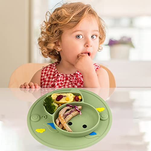 Baby Divided Plate Placemat Silicone- Portable Non Slip Child Feeding Suction Plate for Children Babies and Kids BPA Free Baby Dinner Plate Microwave Dishwasher Safe (Endive)