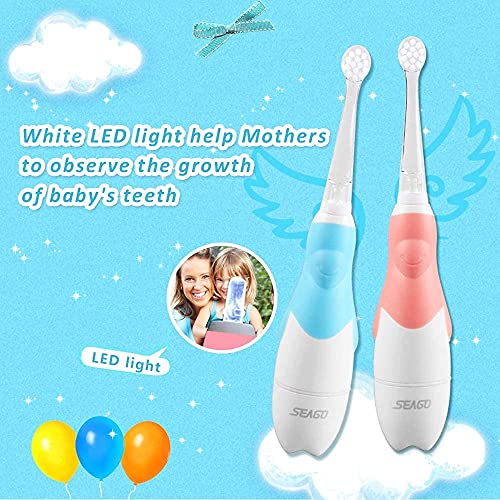 Baby Electric Toothbrush,Sonic Technology Battery Powered Toddler Tooth Brush with Smart LED Timer,Waterproof Auto Deep Clean for Infants Ages 0-3 Years with 4 Soft Brush Heads (Blue)