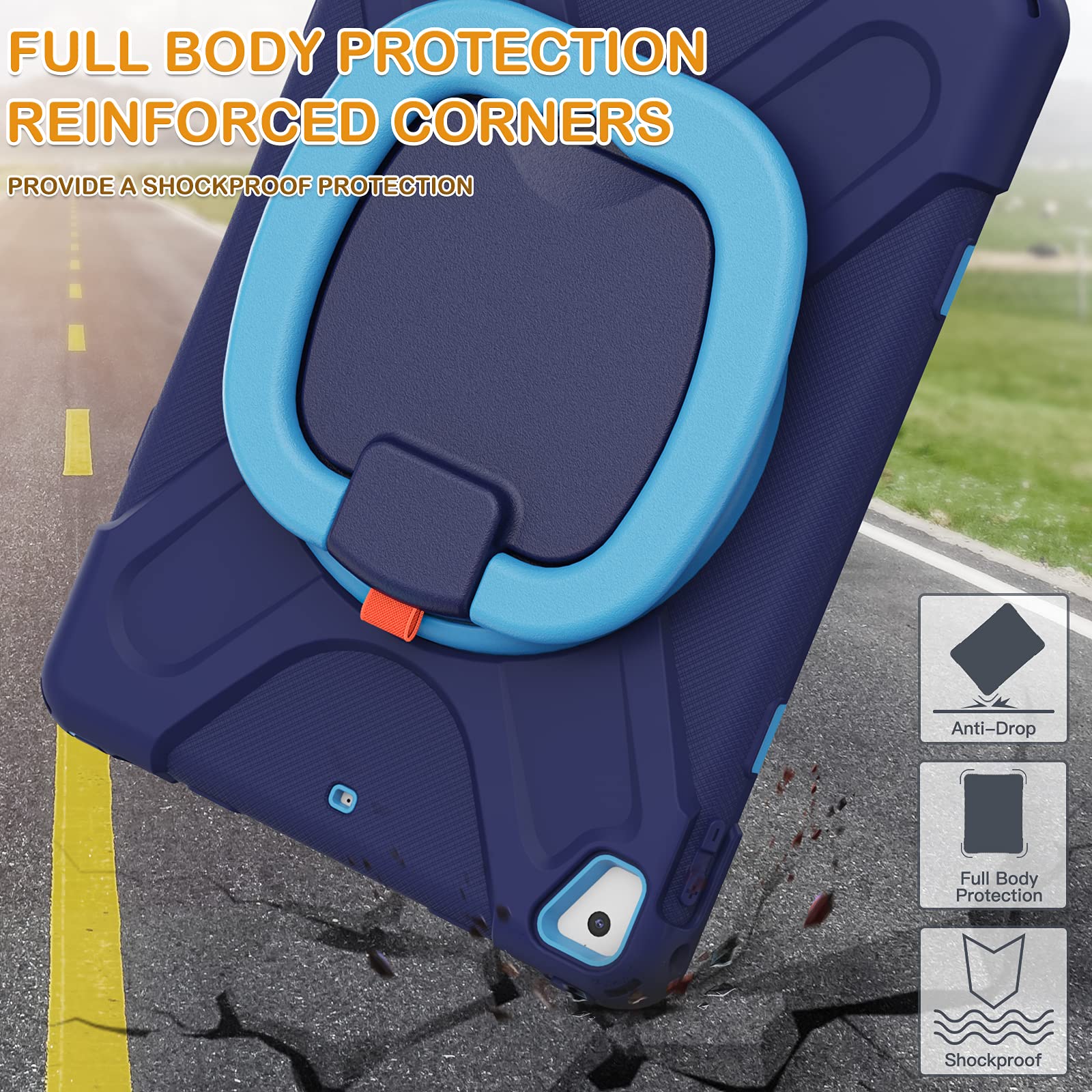 BRAECN Silicone Case for iPad 9.7 Inch 6th/5th Generation, iPad Pro 9.7, iPad Air 2, Triple Protected Rugged Cover with Stable Kickstand/Hand Grip/Pencil Holder/Shoulder Strap for Kids-Navy+Blue