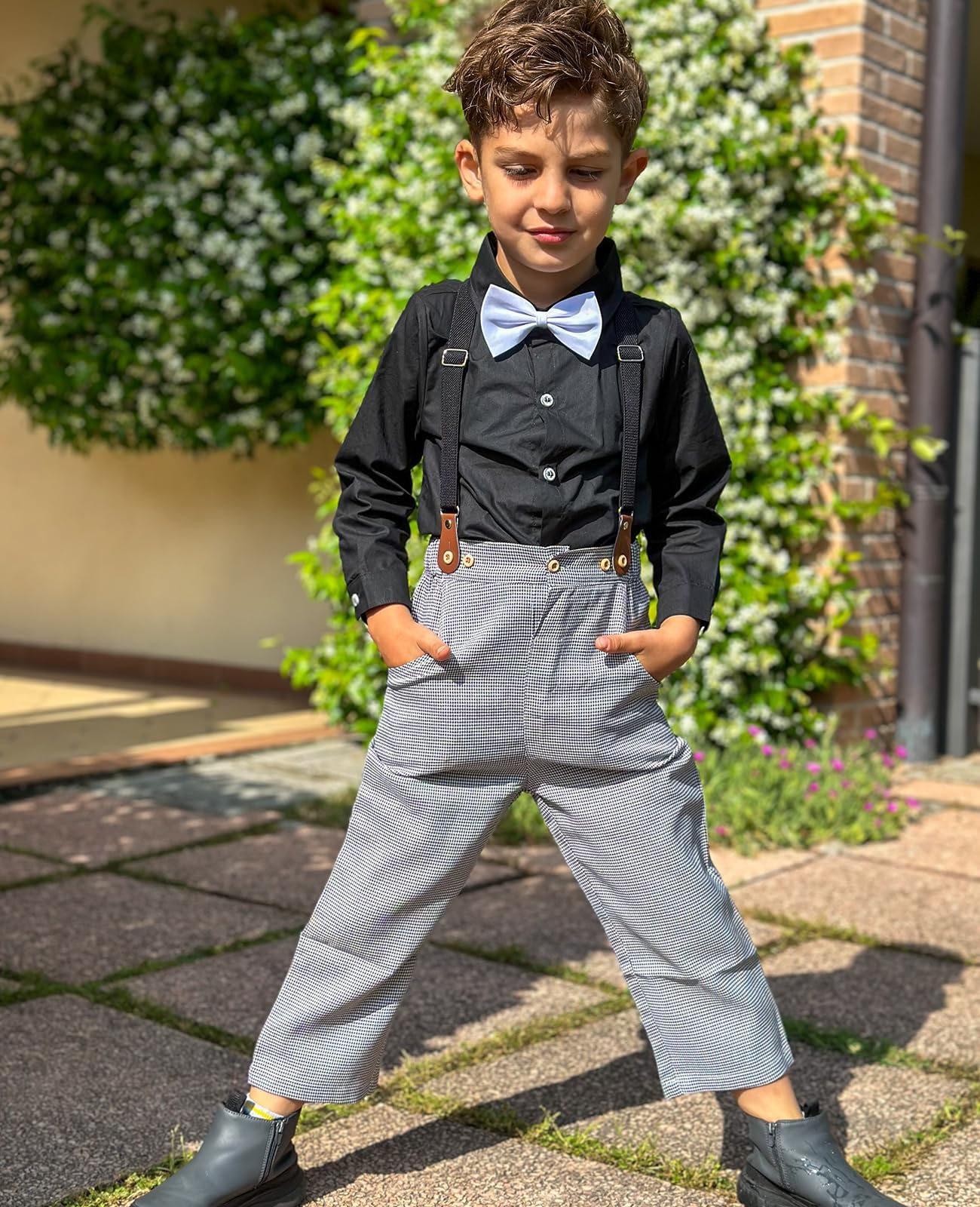 Volunboy Boys Clothes Set Toddler Gentlemen Wedding Suit Long Sleeve Bow Tie Shirts Suspenders Pants Ring Bearer Outfits (Black, 2-3T)