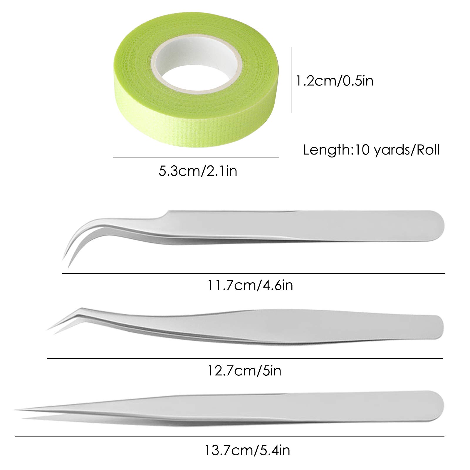 3 Rolls Eyelash Extension Tape with Tweezers, SourceTon Micropore Fabric Tape Roll 0.5 Inch 10 Yards (Green) with 3 PCS Straight Pointed and Curved Tweezers (Silver)