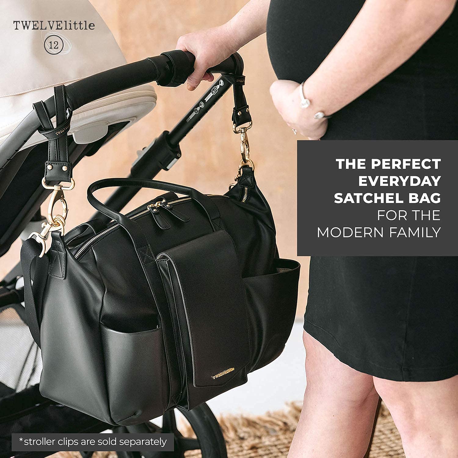 TWELVElittle Peek A Boo Vegan Leather Satchel Diaperbag - Baby Bag with Wipes Pouch, Stroller clips and Diaper Changing Mat, Black, Vegan Leather