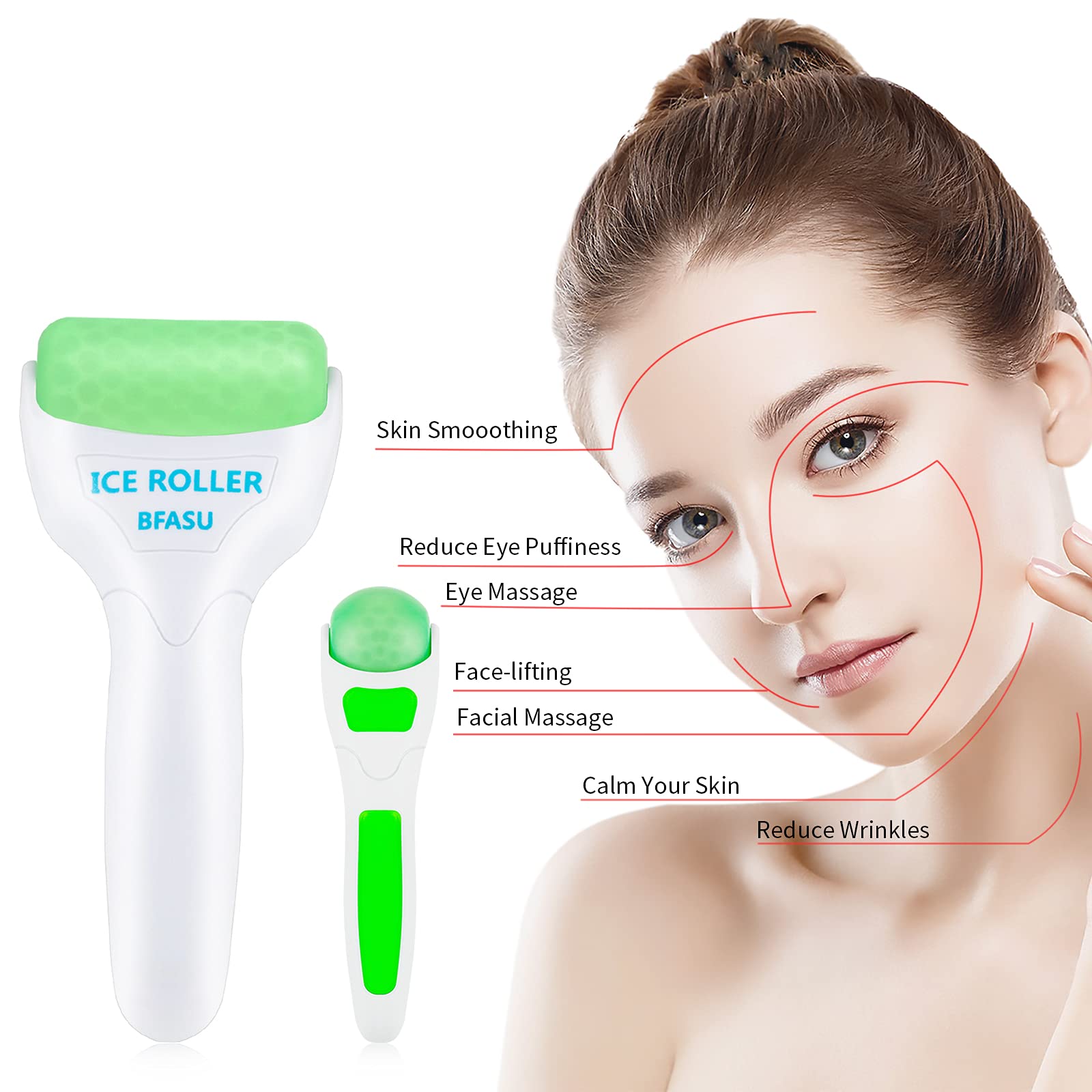 BFASU Ice Roller, Face Roller 2 PCS, Massage Tools with Mini Roller for Eye, Face and Body, Relax and Alleviate Puffiness Fine Lines Minor Pain (Green)