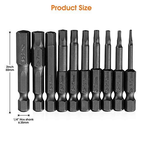 10PCS Hex Head Allen Wrench Drill Bit Set, VAKOGAL S2 Steel Hex Head Screwdriver Bit Set, with Magnetic, 1.5-8mm Metric, 1/4 Inch Hex Shank, 2 Inch Length, for Hand Held Wrench and Electric Drills
