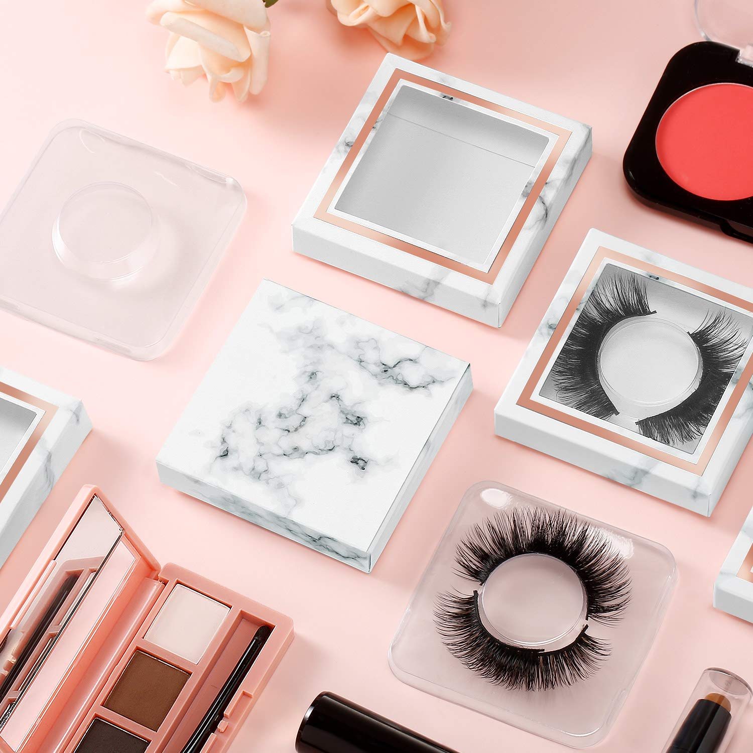 100 Piece Empty Eyelash Packaging Box Paper Lashes Boxes Packaging, 50 Piece Empty Eyelash Boxes Lash Box, 50 Piece Empty Eyelash Boxes Tray False Eyelashes Storage Packing Box Lid Tray (Marble)