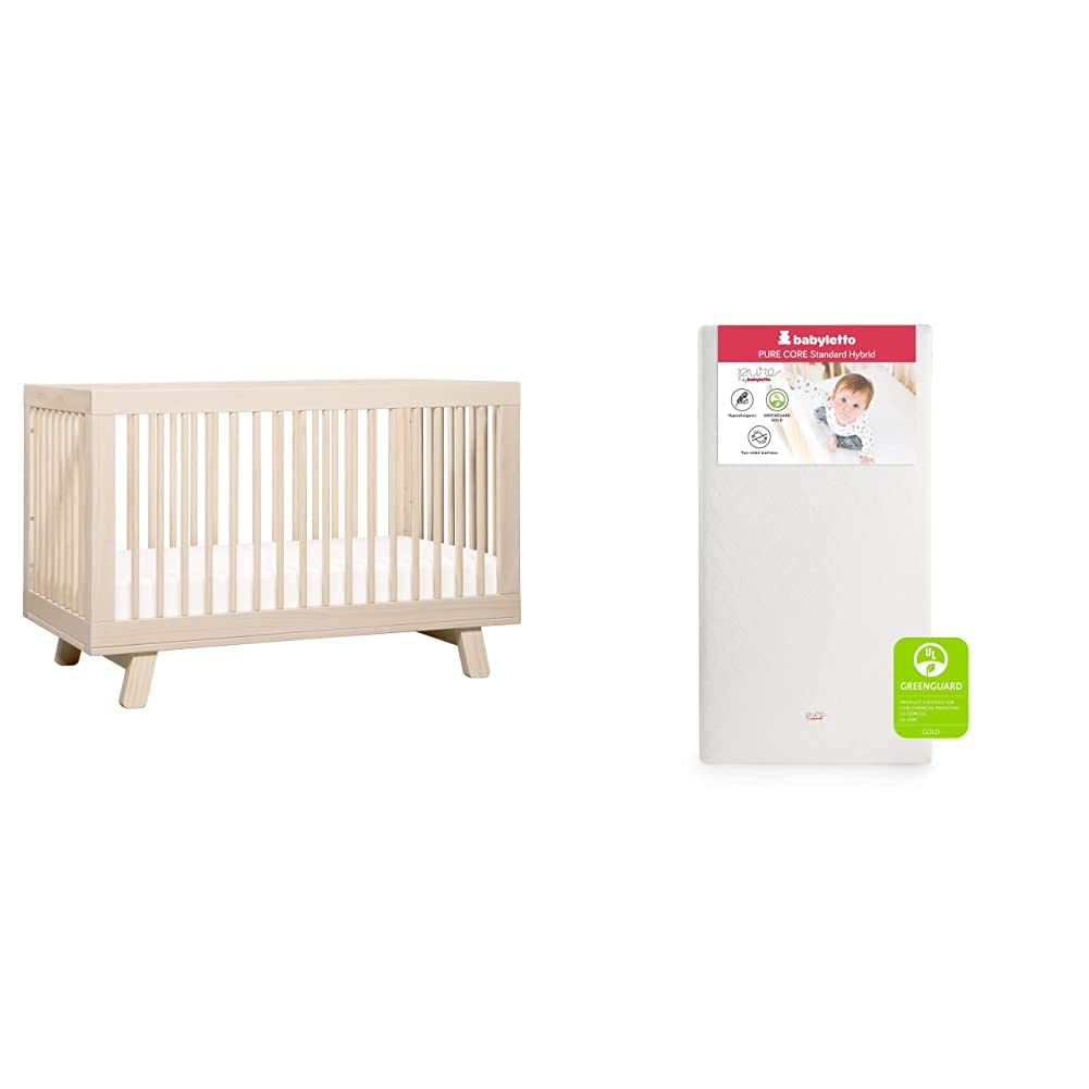 babyletto Hudson 3-in-1 Convertible Crib with Toddler Bed Conversion Kit in Washed Natural with Pure Core Crib Mattress Hybrid Quilted Waterproof Cover, Greenguard Gold Certified