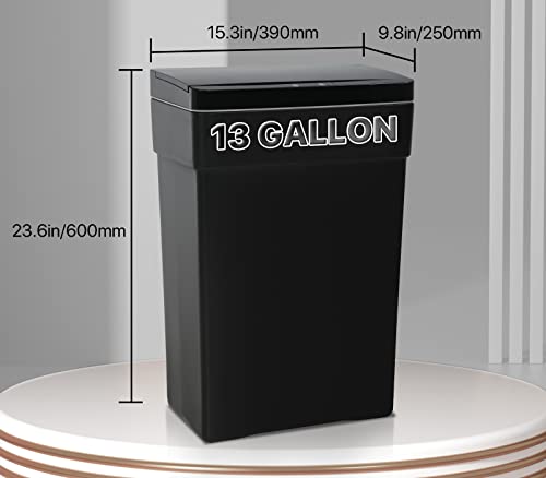 13 Gallon Trash Can Automatic Touch-free Kitchen Garbage Can, Plastic Large Capacity Bathroom Rubbish Can with Lid and Motion Sensor, Smart Trash Can Waste Bin for living Room Office Narrow Space, Black