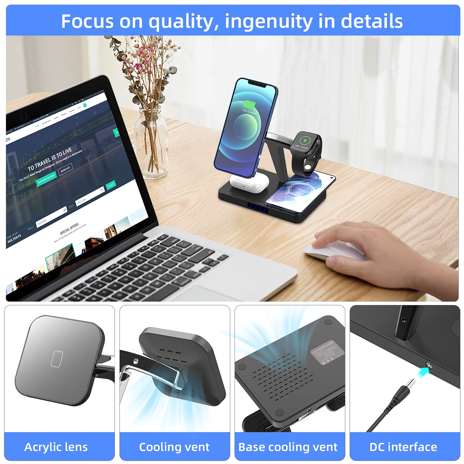 Magnetic Wireless Charging Station for Magsafe Charger Stand 4 in 1 Fast Wireless Charging with 36W Adapter for iPhone 14/13/12 /Mini/Pro/Pro Max,AirPods Pro/2,Apple iWatch,Two Phone Charging