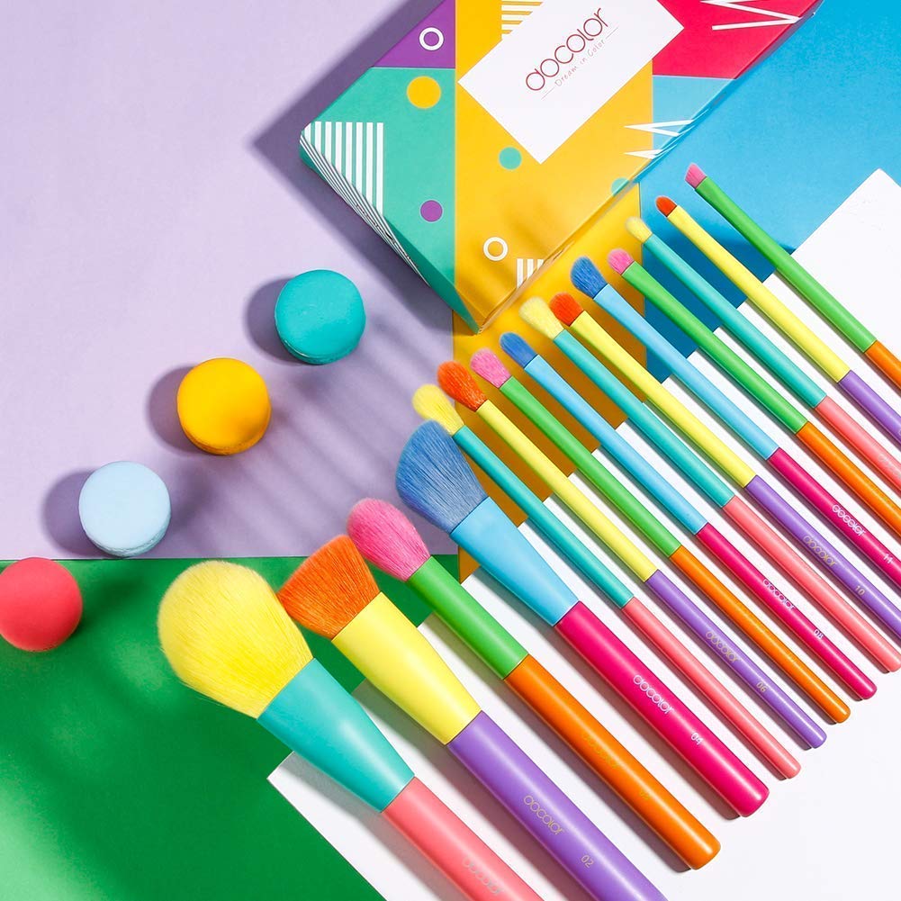 Docolor Colorful 15Piece Makeup Makeup Brush Set + 16Pcs Colorful Eyeshadow Brush Set Premium Kabuki Foundation Blending Face Powder Synthetic Makeup Brushes Set