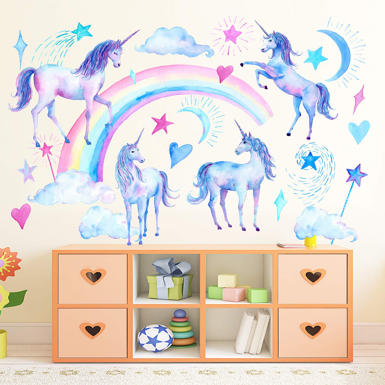 Wajade Unicorn Wall Decals, 2 Sheets Unicorn Rainbow Peel and Stick Wall Stickers Removable Wall Decor for Girls Kids Bedroom Nursery Playroom Decor