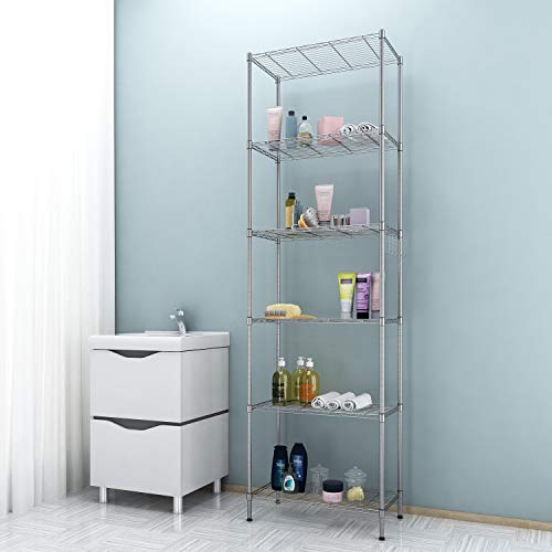 Anfan 6 Tier Wire Shelving Unit Heavy Duty Metal Wire Storage Shelves with Adjustable Leveling Feet & Side Hooks for Kitchen, Garage and Office (Silver)