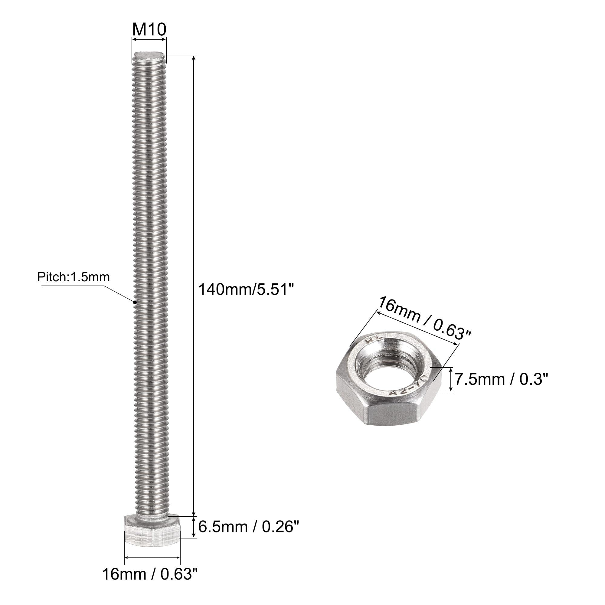 uxcell M10 x 140mm Hex Head Screws Bolts, Nuts, Flat & Lock Washers Kits, 304 Stainless Steel Fully Thread Hexagon Bolts 4 Sets