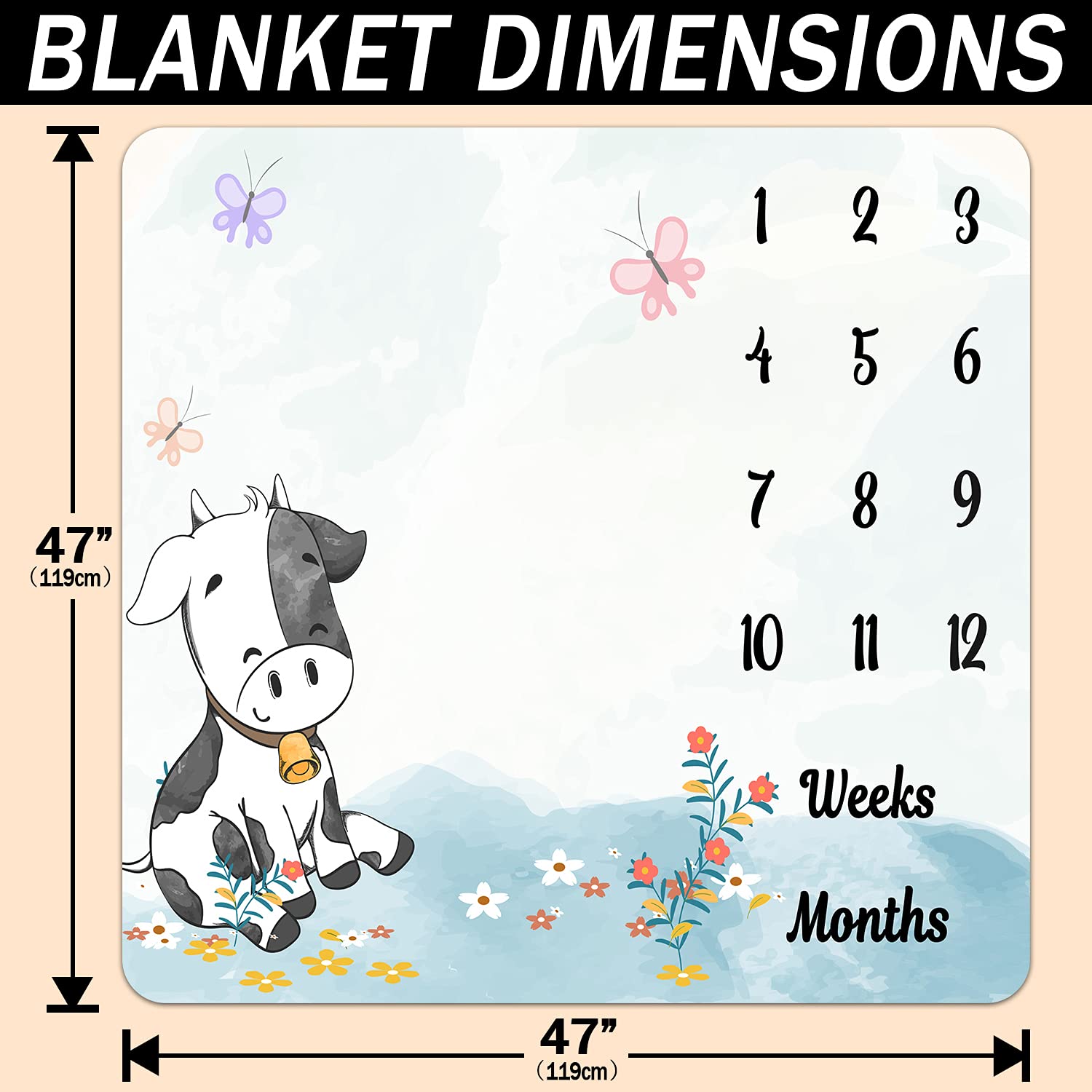 PHMOJEN Cow Baby Monthly Milestone Blanket, Farm Animals Butterflies Grass Flowers, Newborns 1 to 12 Months Unisex Include 4 Frames and 1 Headband 47"x47"BTLSPH503