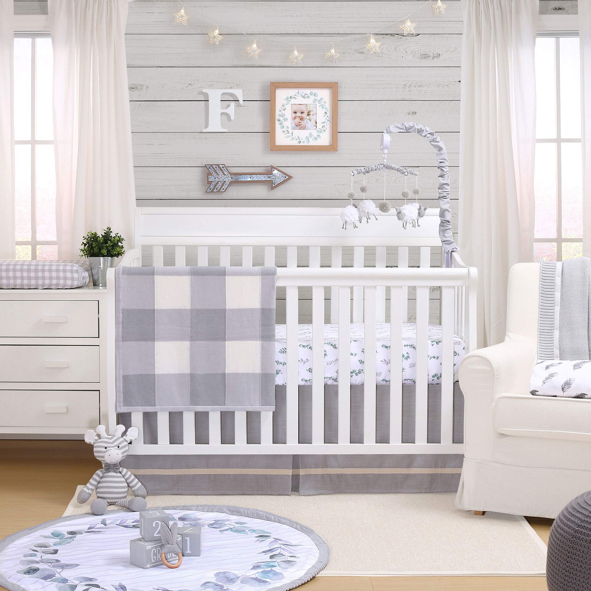 The Peanutshell Farmhouse Check Fitted Crib Sheet for Baby Boys or Baby Girls, Grey/White